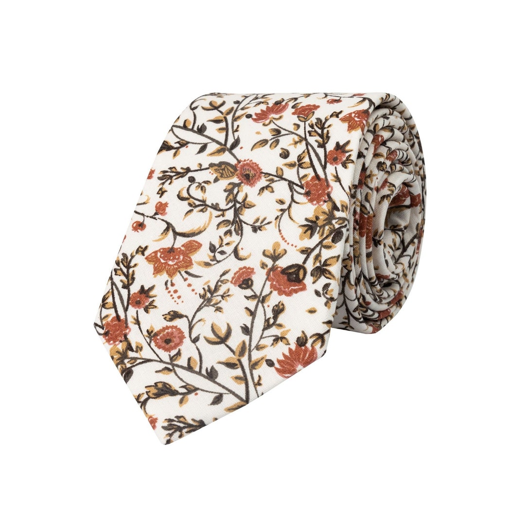 Ivory Floral Tie for Men, Orange Flower Wedding Necktie for Groom ...