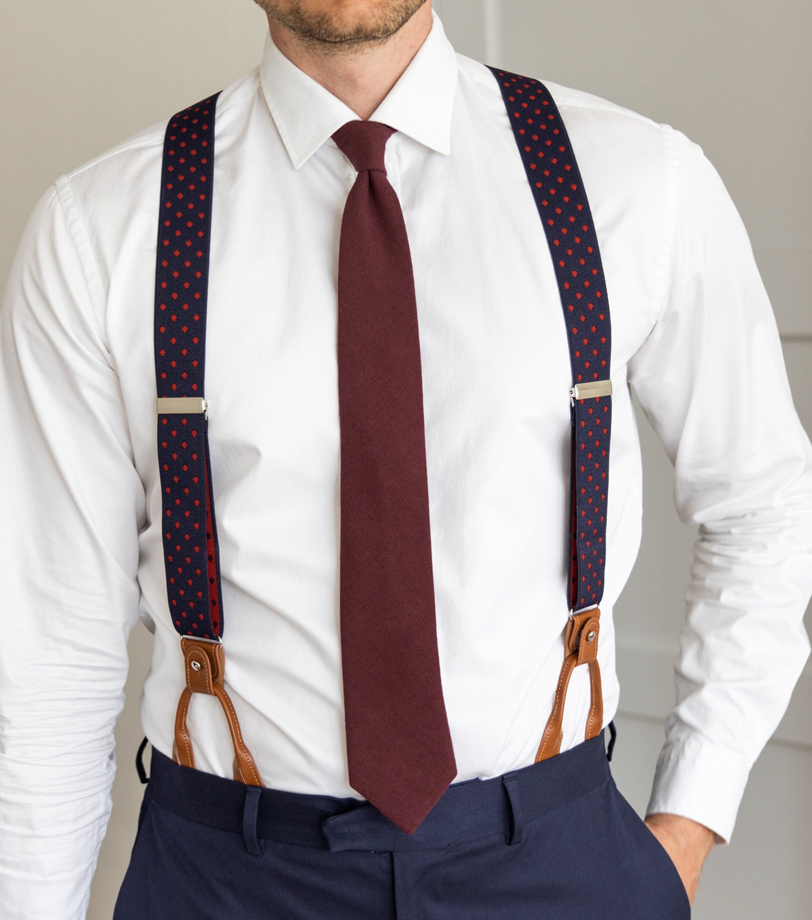 Navy Blue Suspenders With Red Dots Brown Button Suspenders | Etsy
