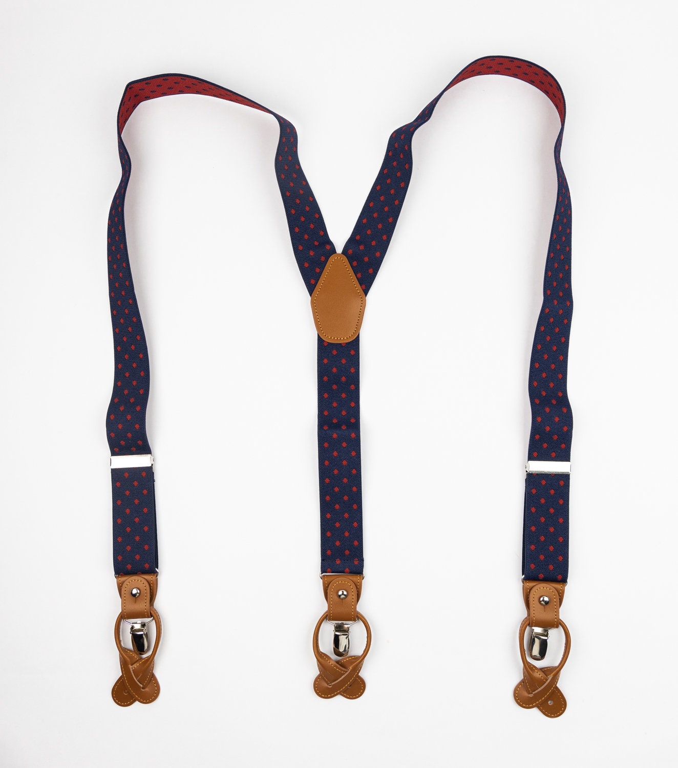 Navy Blue Suspenders With Red Dots Brown Button Suspenders | Etsy