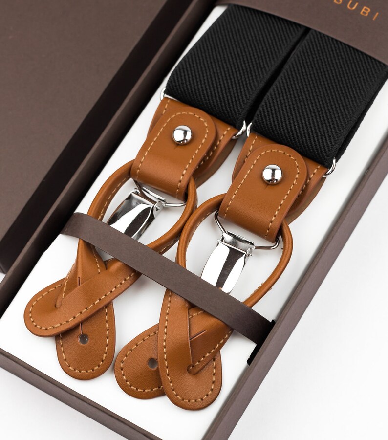 Black Suspenders for Men Brown Leather Button Tab and Clip | Etsy