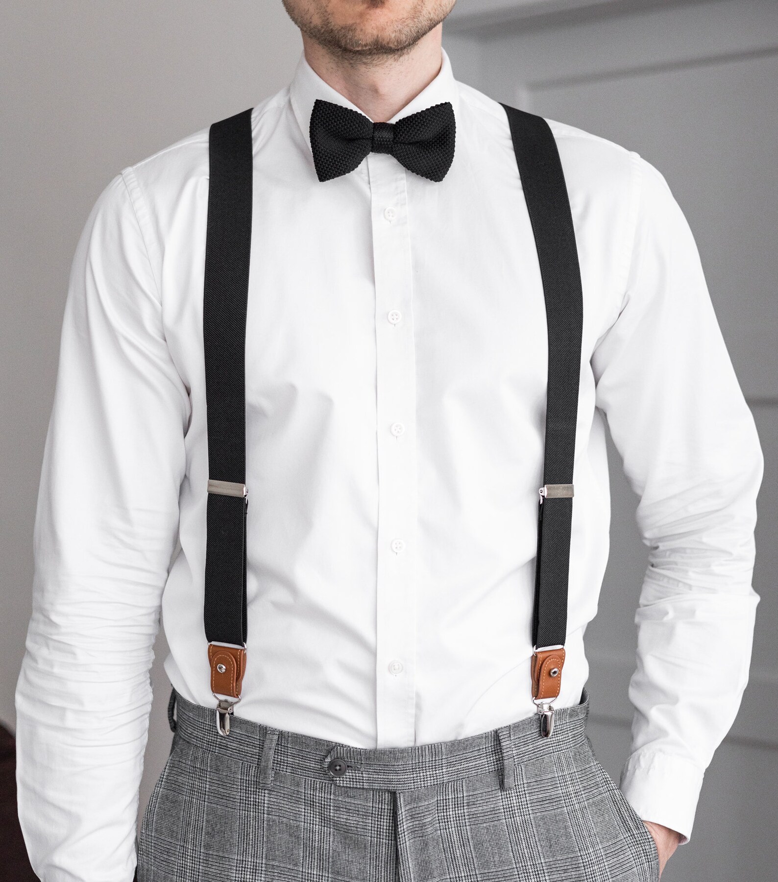 Black Suspenders for Men Brown Leather Button Tab and Clip - Etsy