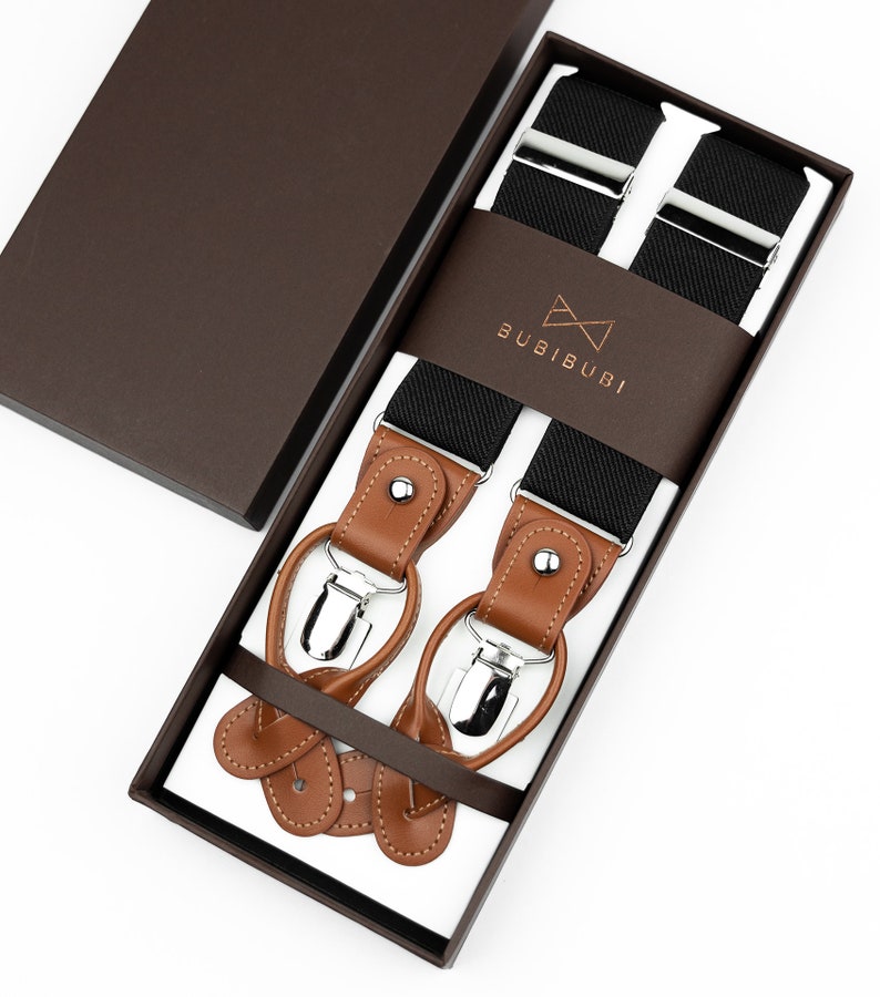 Black Suspenders for Men Brown Leather Button Tab and Clip - Etsy