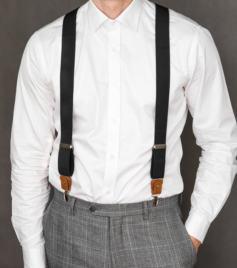 Black Suspenders for Men Brown Leather Button Tab and Clip | Etsy