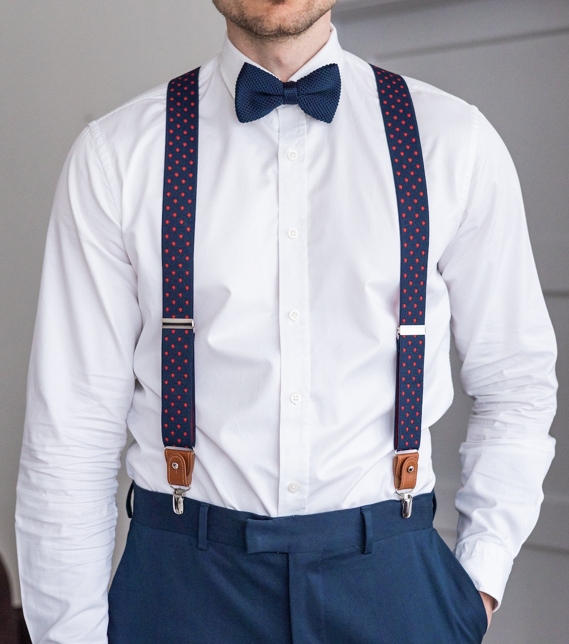 Navy Blue Suspenders With Red Dots Brown Button Suspenders - Etsy
