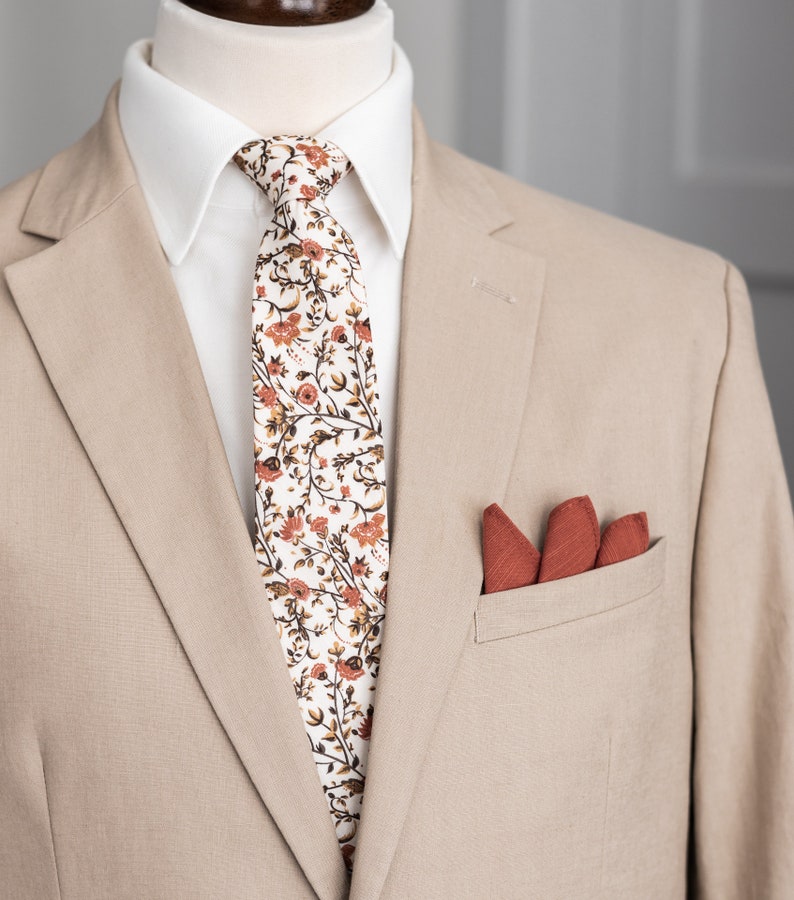 Ivory Floral Tie for Men Orange Flower Wedding Necktie for - Etsy