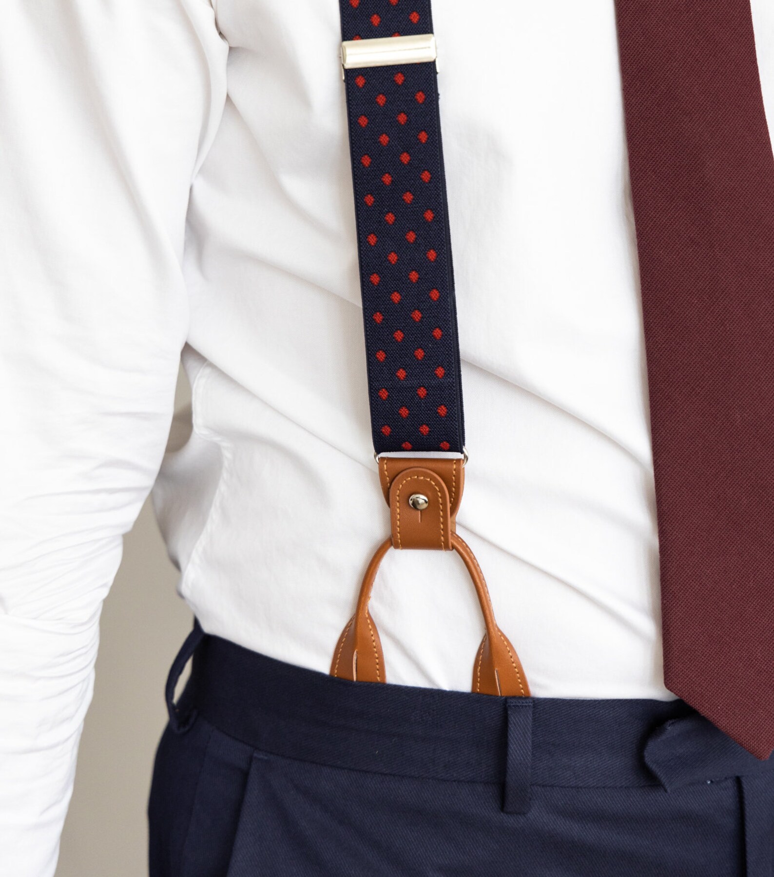 Navy Blue Suspenders With Red Dots Brown Button Suspenders | Etsy