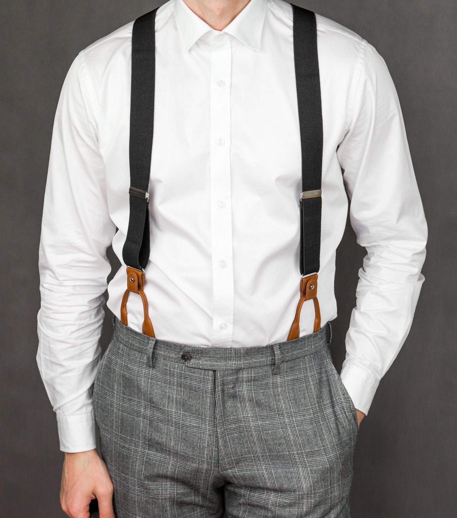 Black Suspenders for Men Brown Leather Button Tab and Clip | Etsy