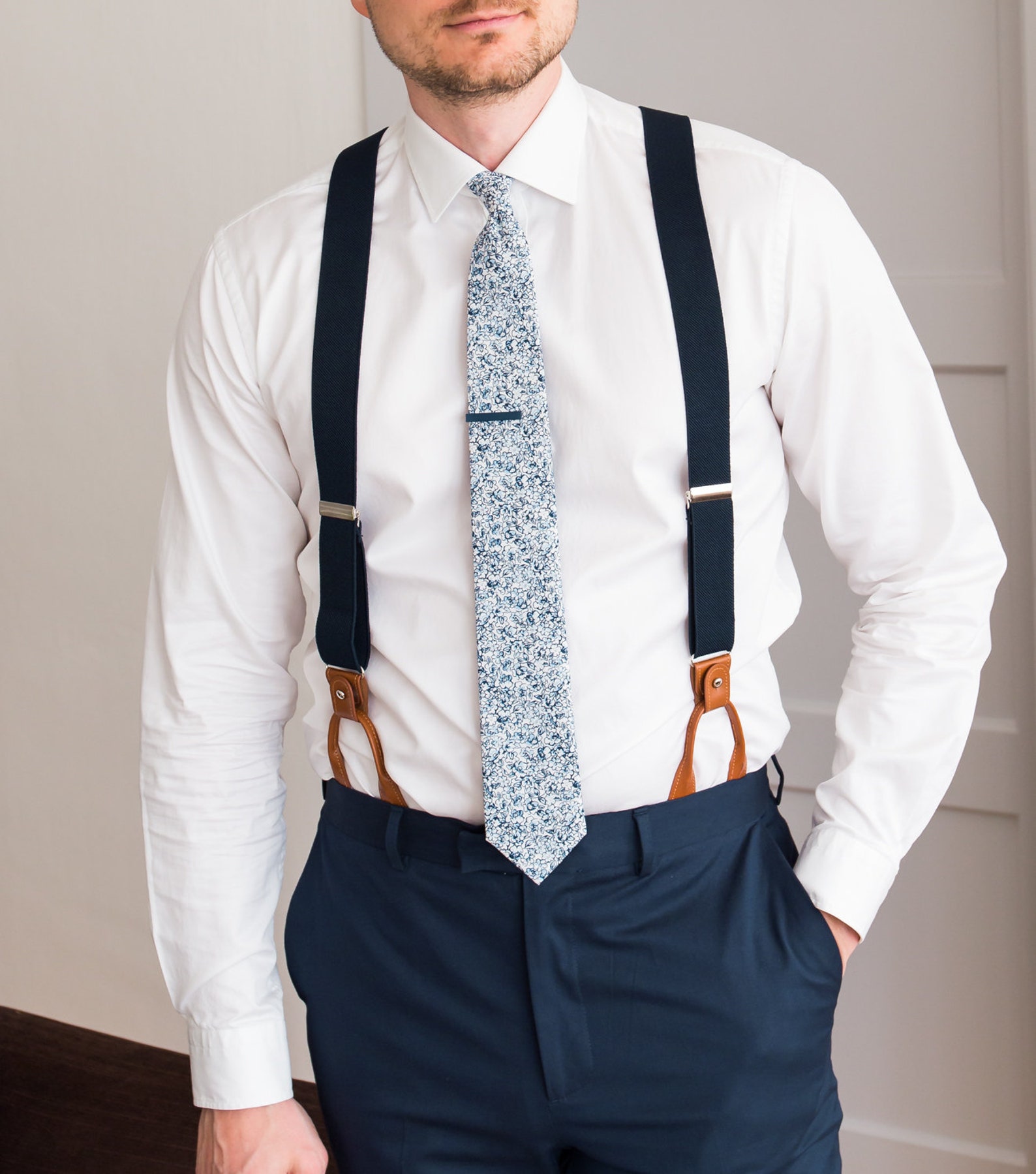 White Blue Floral Tie for Men, Wedding Necktie for Groom Groomsmen ...