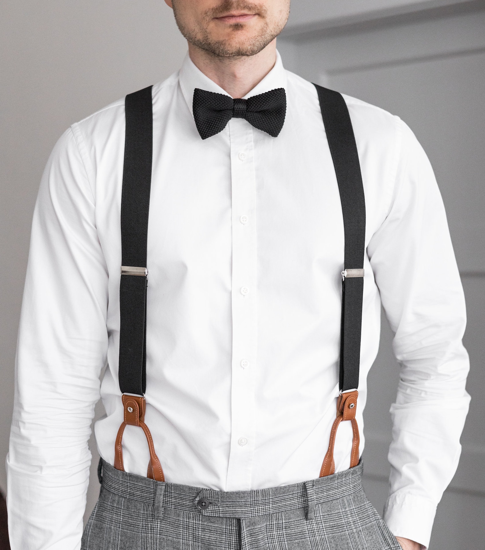 Black Suspenders for Men Brown Leather Button Tab and Clip - Etsy