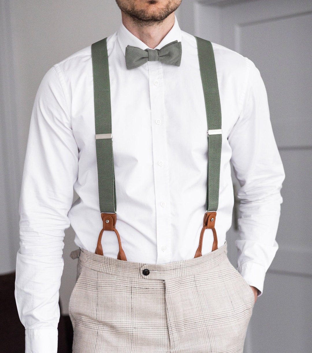 Sage Green Suspenders, Leather Button Suspenders, Clip Braces, Wedding ...