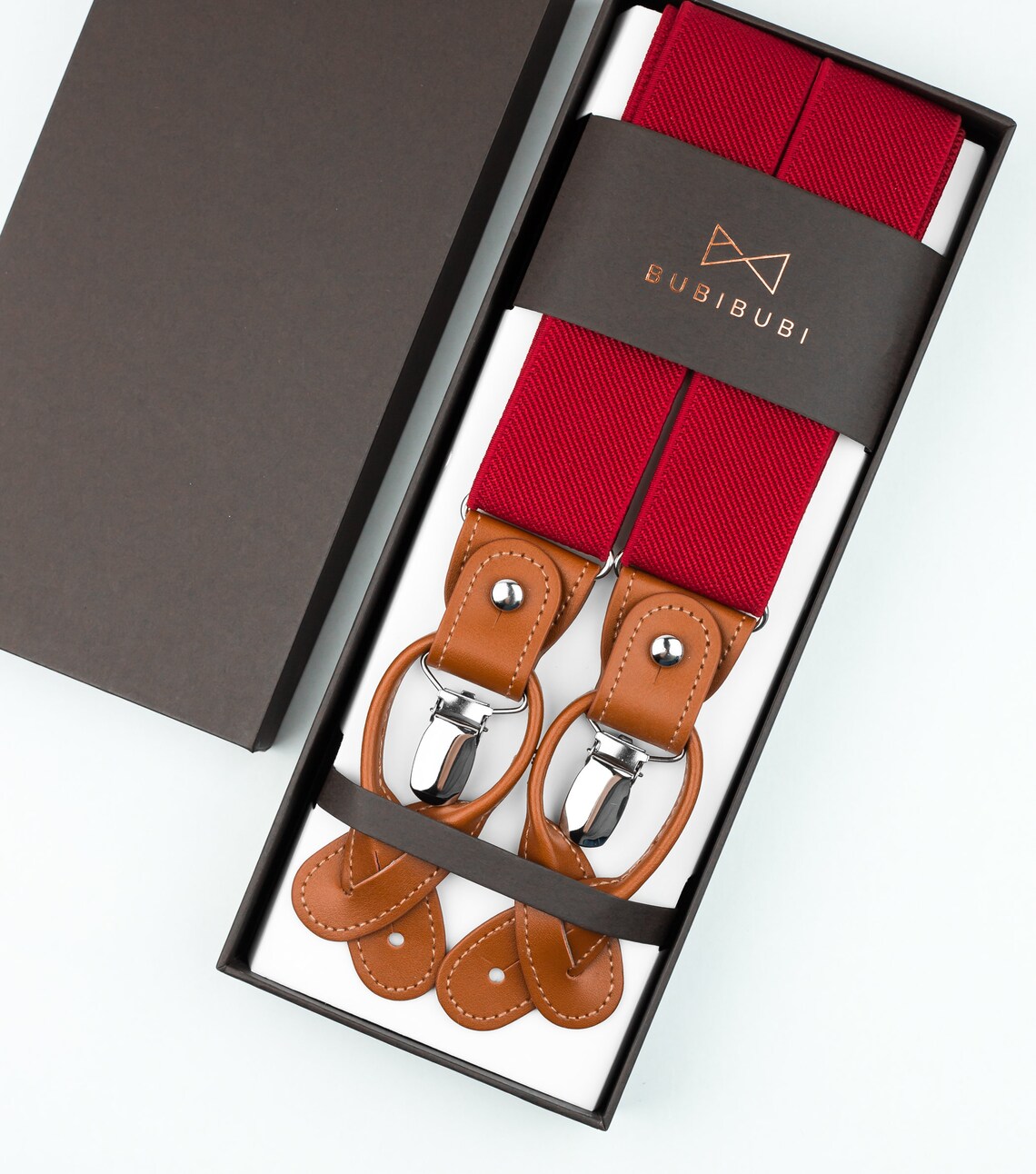 Red Suspenders for Men Brown Leather Button Tab and Clip | Etsy