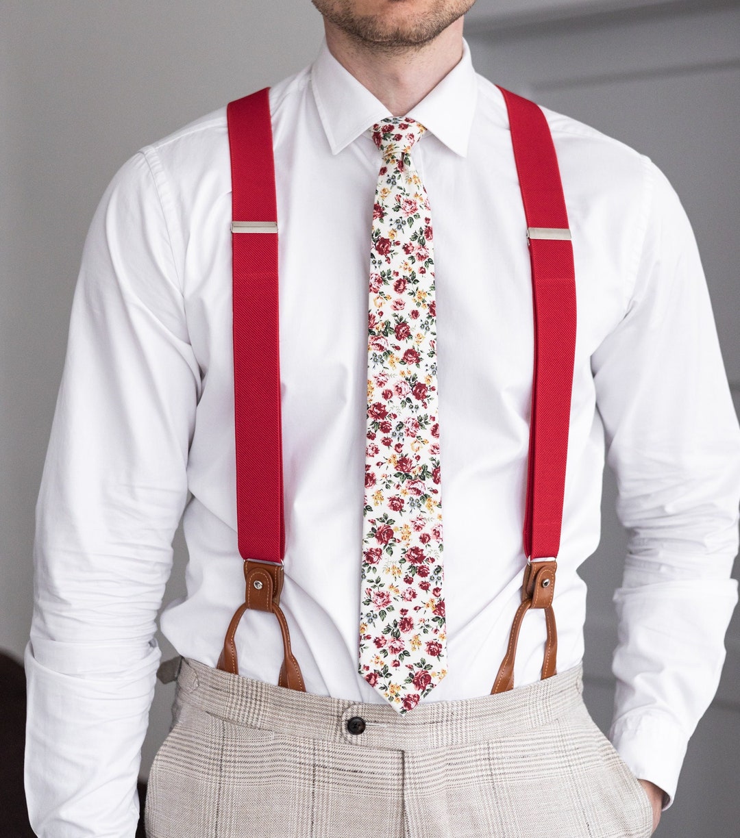Red Suspenders for Men, Brown Leather Button Tab and Clip Braces ...