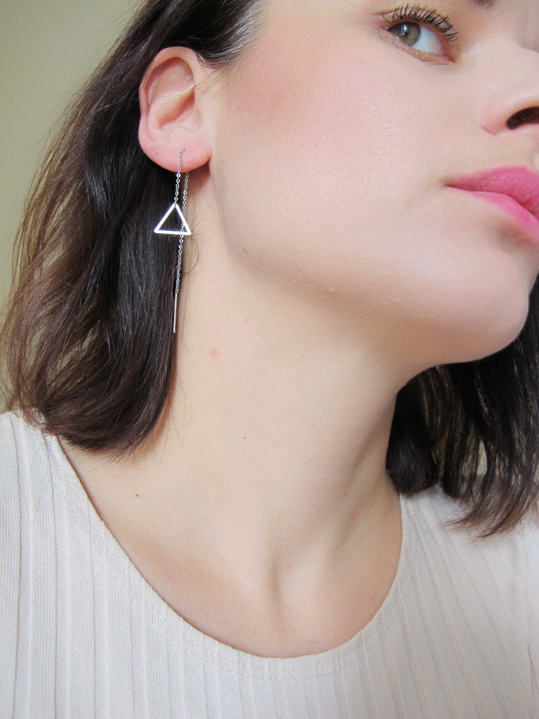 Triangle Threader Earrings, Triangle Earrings, Stainless Steel Earrings ...