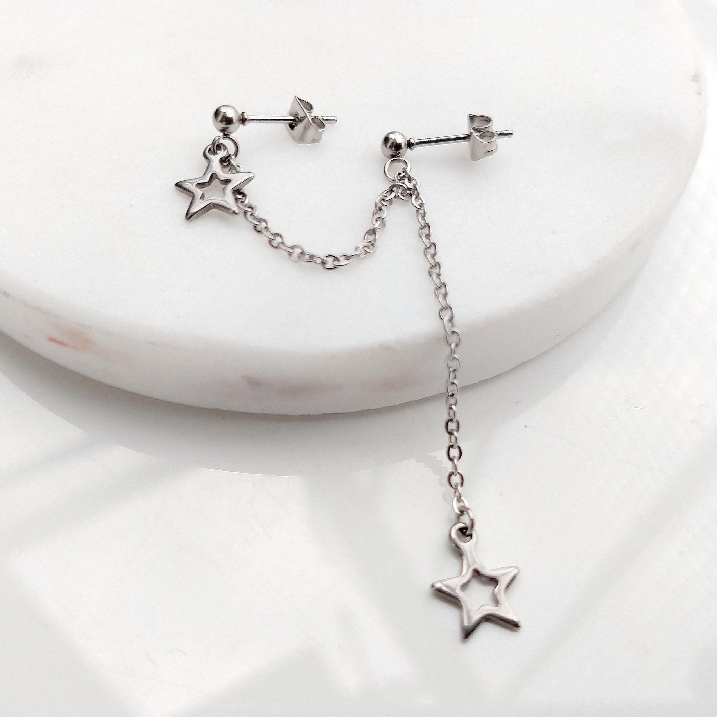 Double Piercing Chain Earring Two Holes Earring Star - Etsy