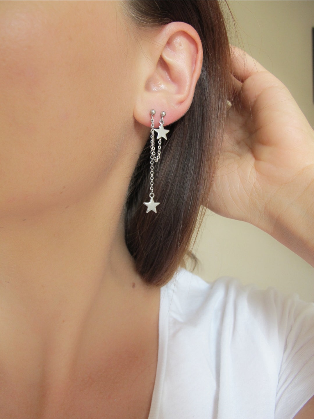 Double Piercing Chain Earring, Two Holes Earring, Star Earring ...