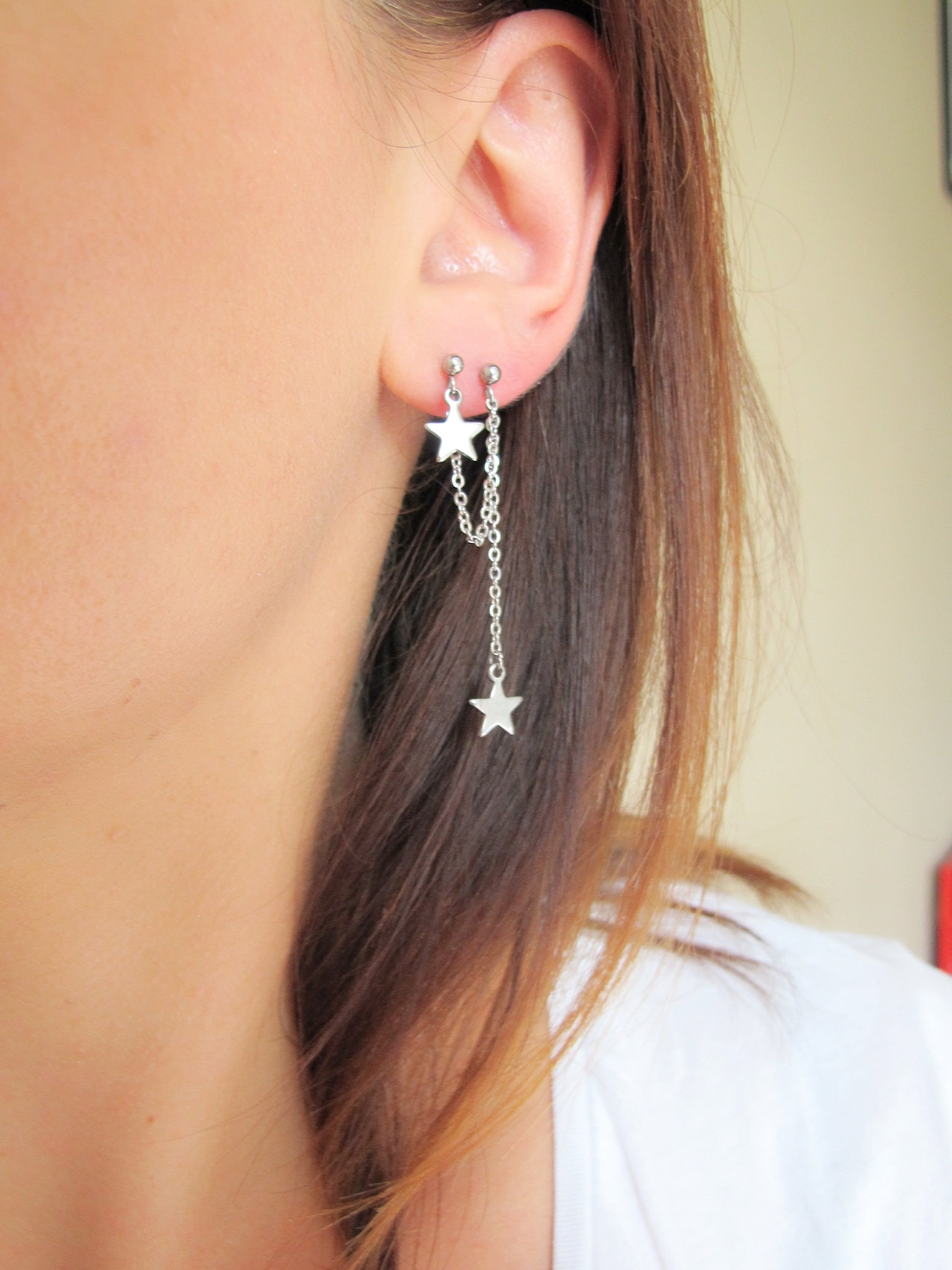 Double Piercing Chain Earring Two Holes Earring Star - Etsy