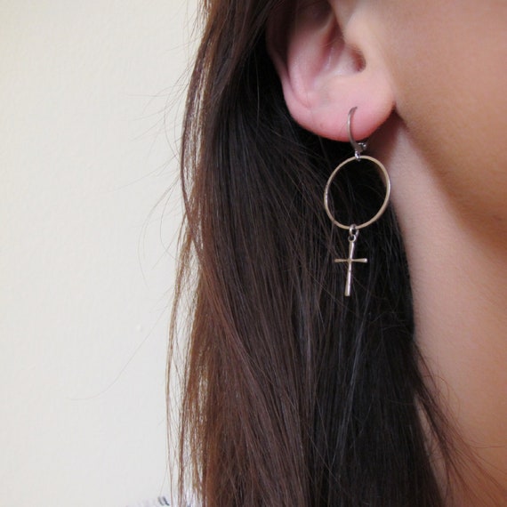 Cross Earrings Hoop Earrings Circle Earrings Stainless | Etsy