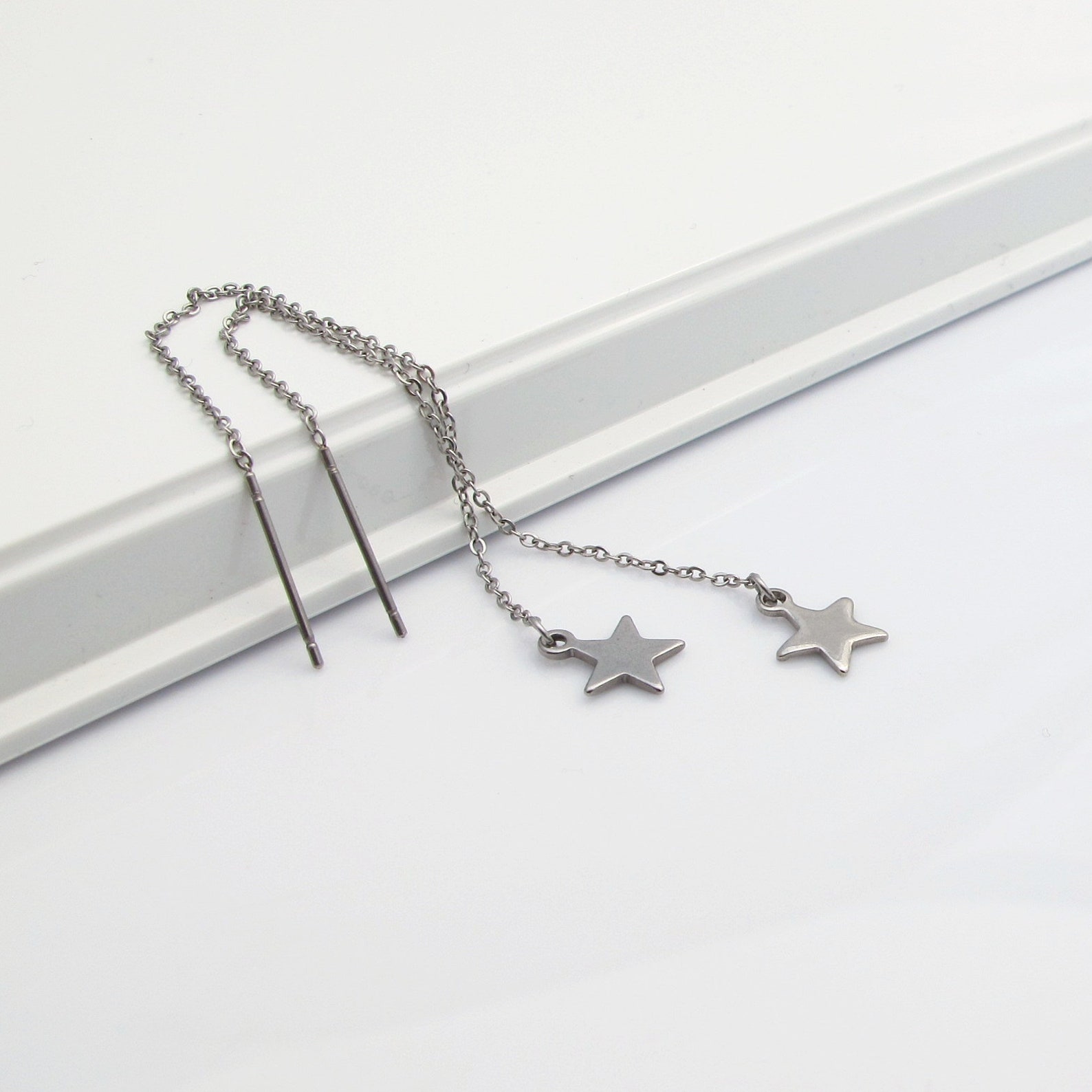 Threader Earrings Star Threaders Chain Earrings Stainless | Etsy