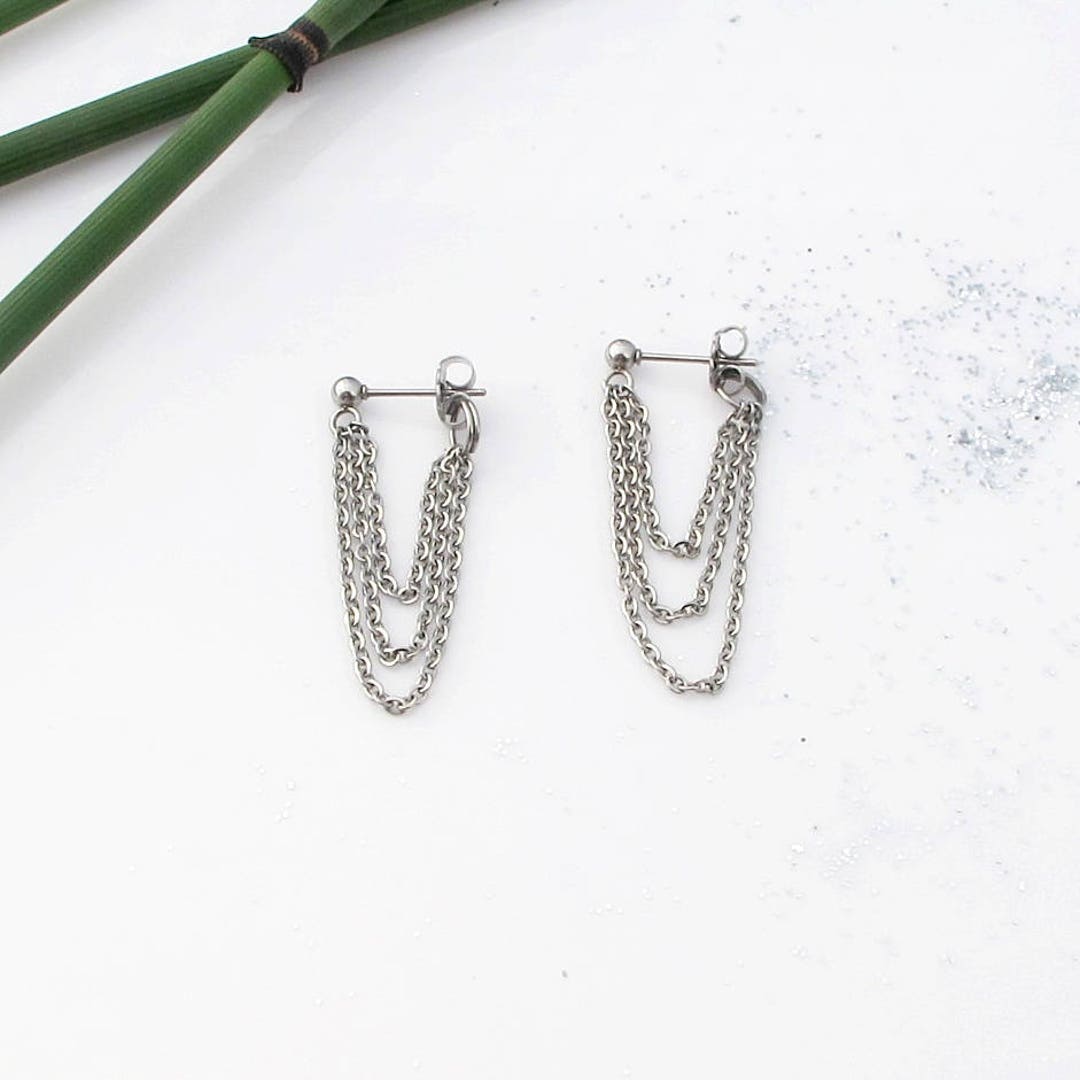 Triple Chain Dangle Earrings, Double Sided Earrings, Stainless Steel ...