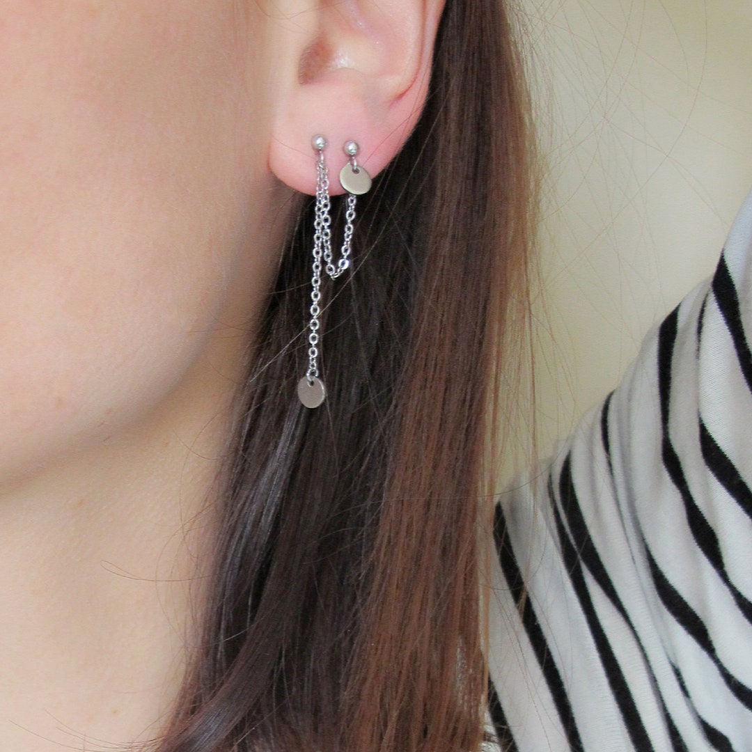 Double Piercing Chain Earring, Two Holes Earring, Disc Earring ...