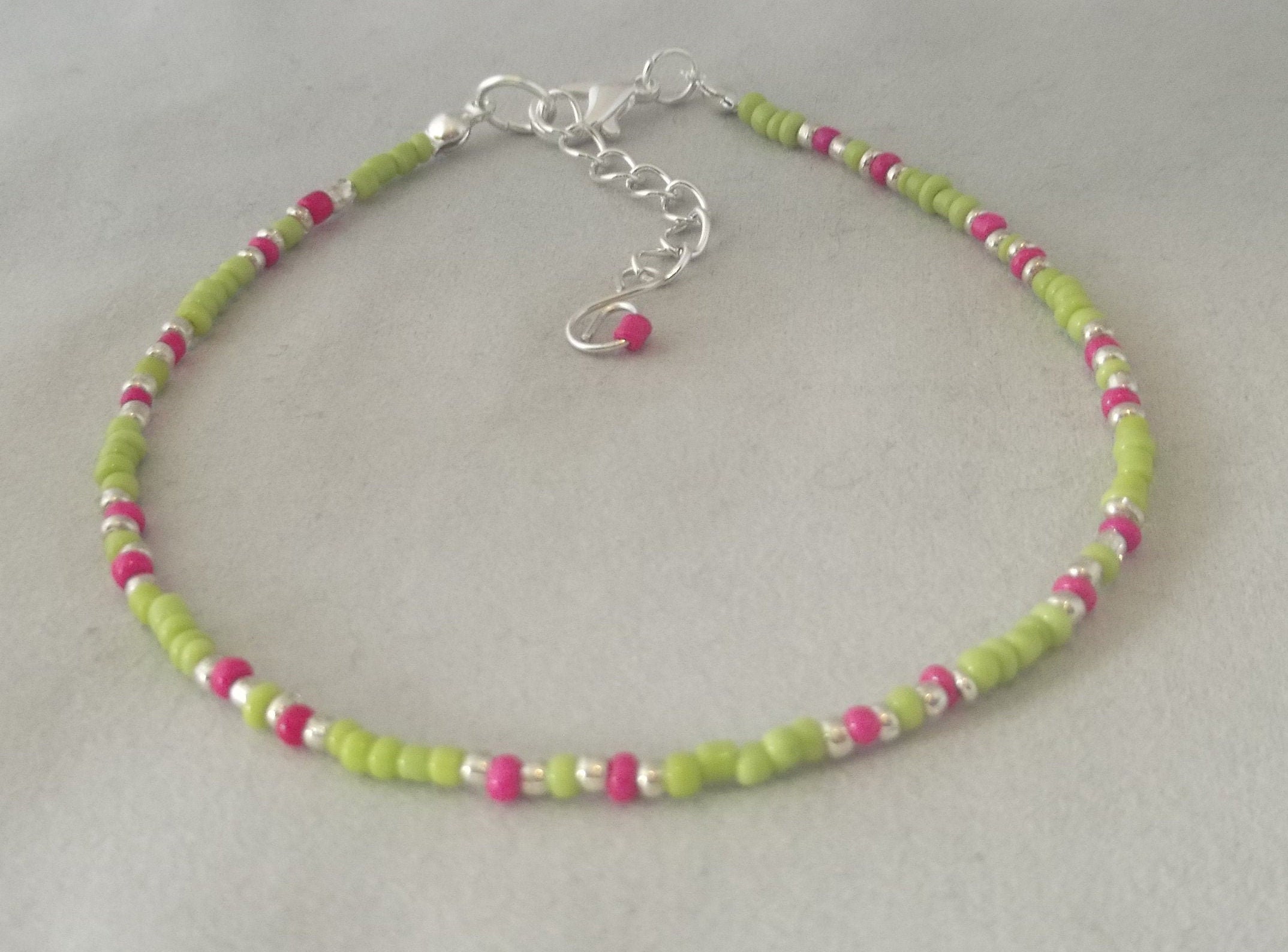 Green Pink and Silver Beaded Anklet Seed Bead Anklet Beaded - Etsy