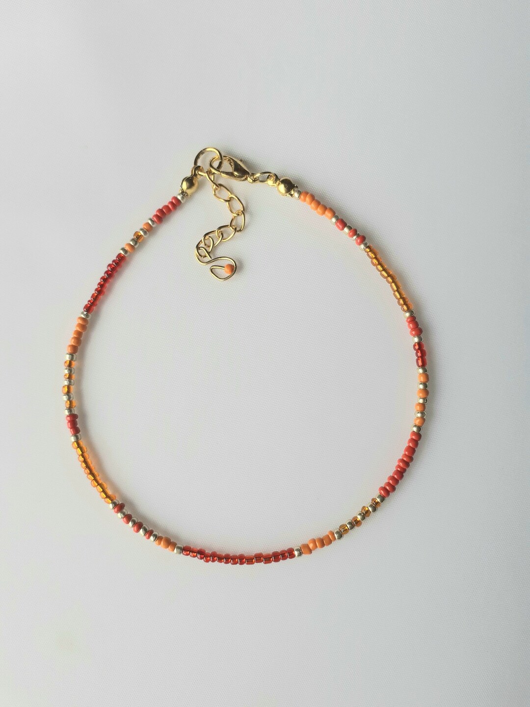 Red, Orange and Gold Glass Beaded Anklet, Seed Bead Anklet, Plus Size ...