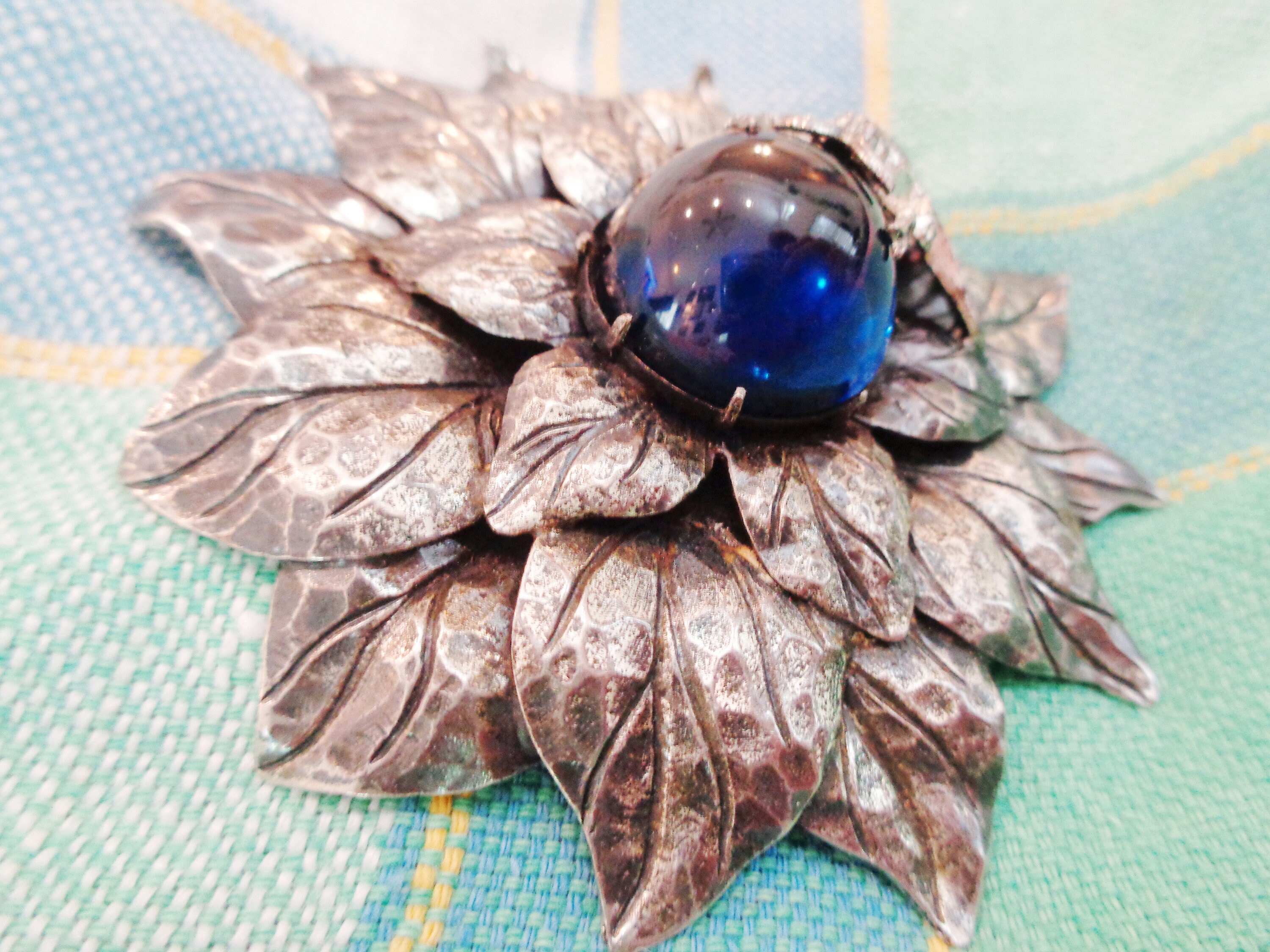 Vintage Signed Joseff of Hollywood Silver Plated Blue Glass Flower With ...