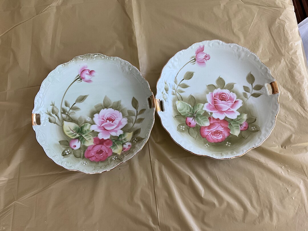Lefton China- Green Heritage Roses Handpainted Pattern- Two 9” Dia ...