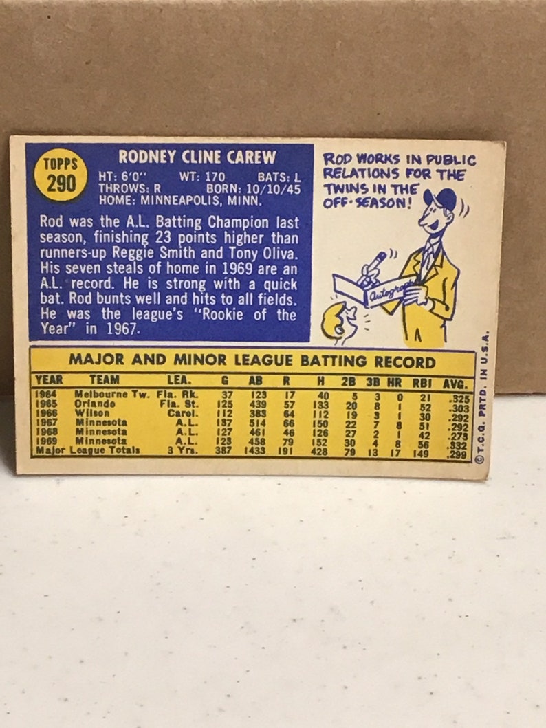 1970 Topps Baseball Rodney Carew Minnesota Twins Card 290 - Etsy