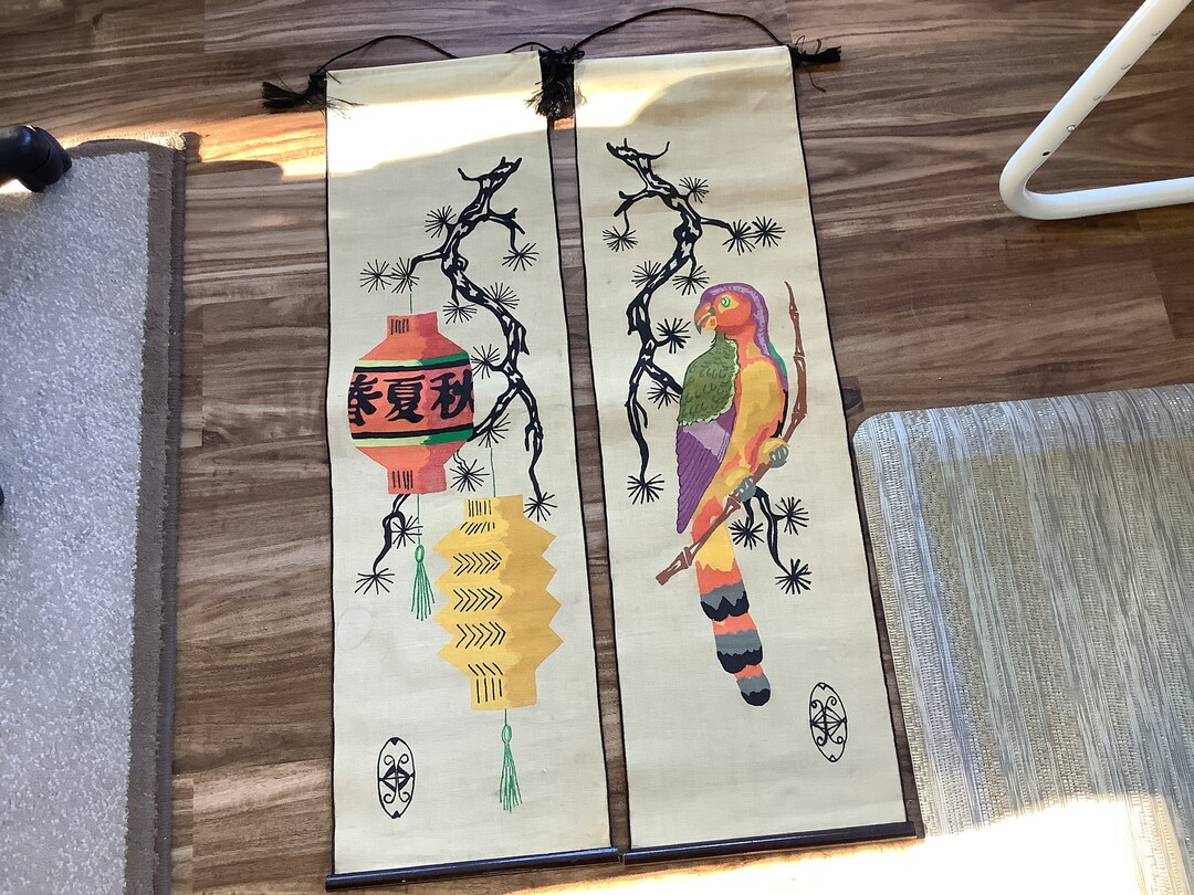 Pair - Gorgeous Painted Linen Scroll-like Wall Hangings - 32”lx 9.5”W ...