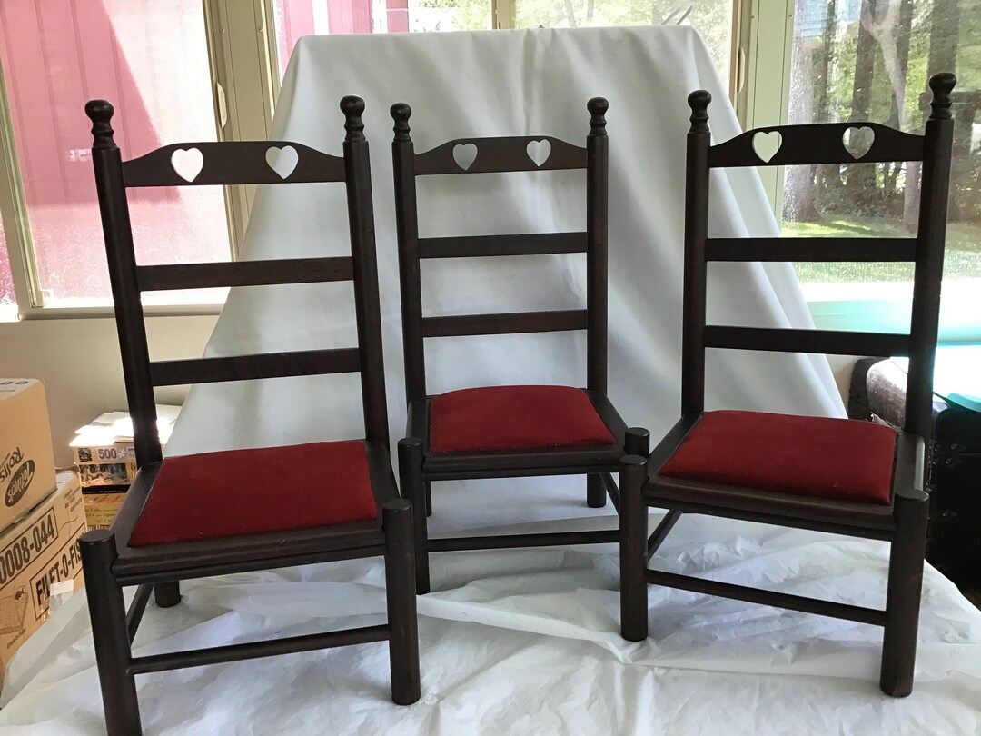 Lot of 3 - Schmid Dark Wood Ladderback Dolls’ Chairs W/ Red Plush ...