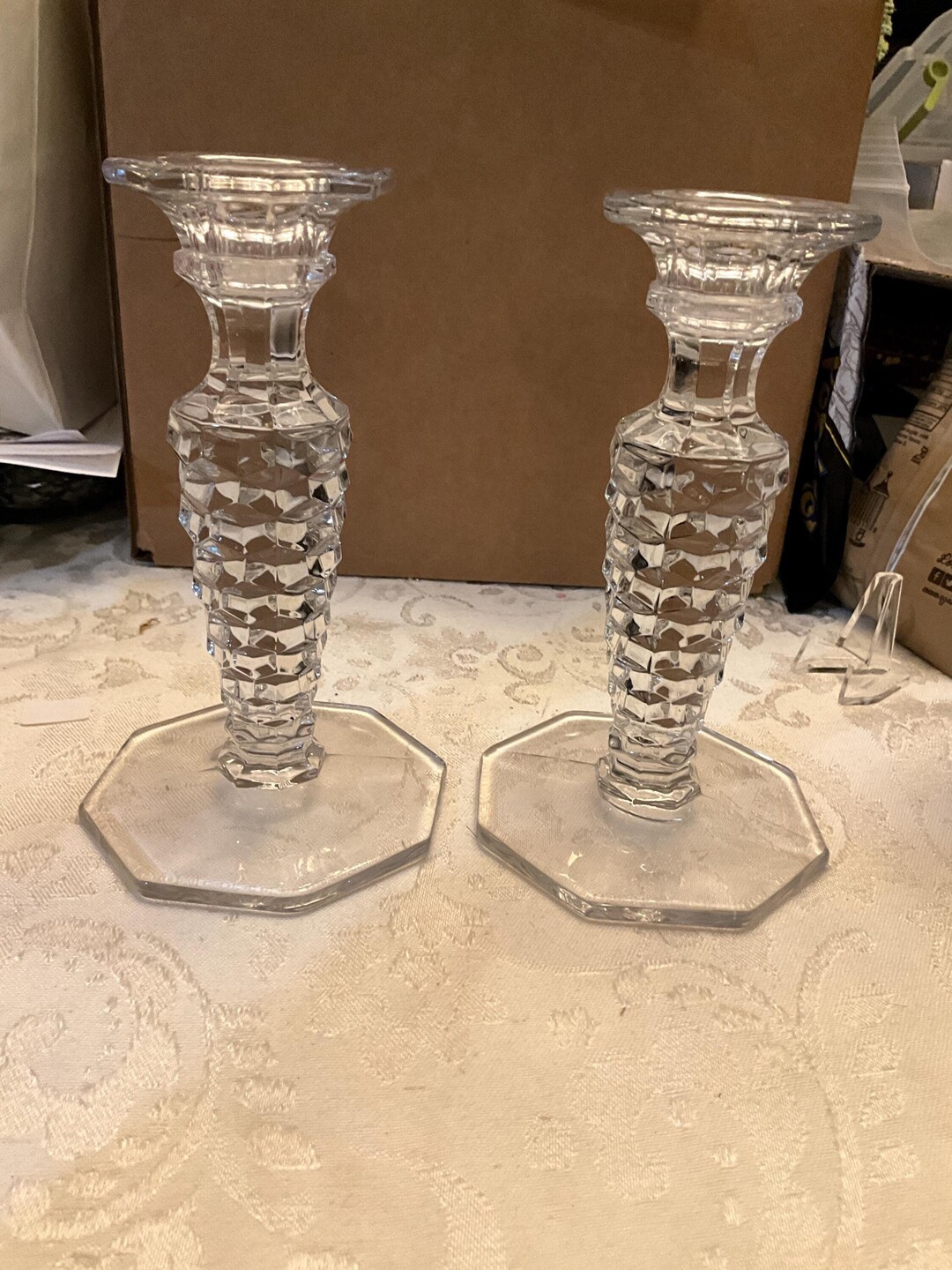 Fostoria Candle Holders Octagon Base 6-1/4 Inches Tall 1 Pair Cubed ...