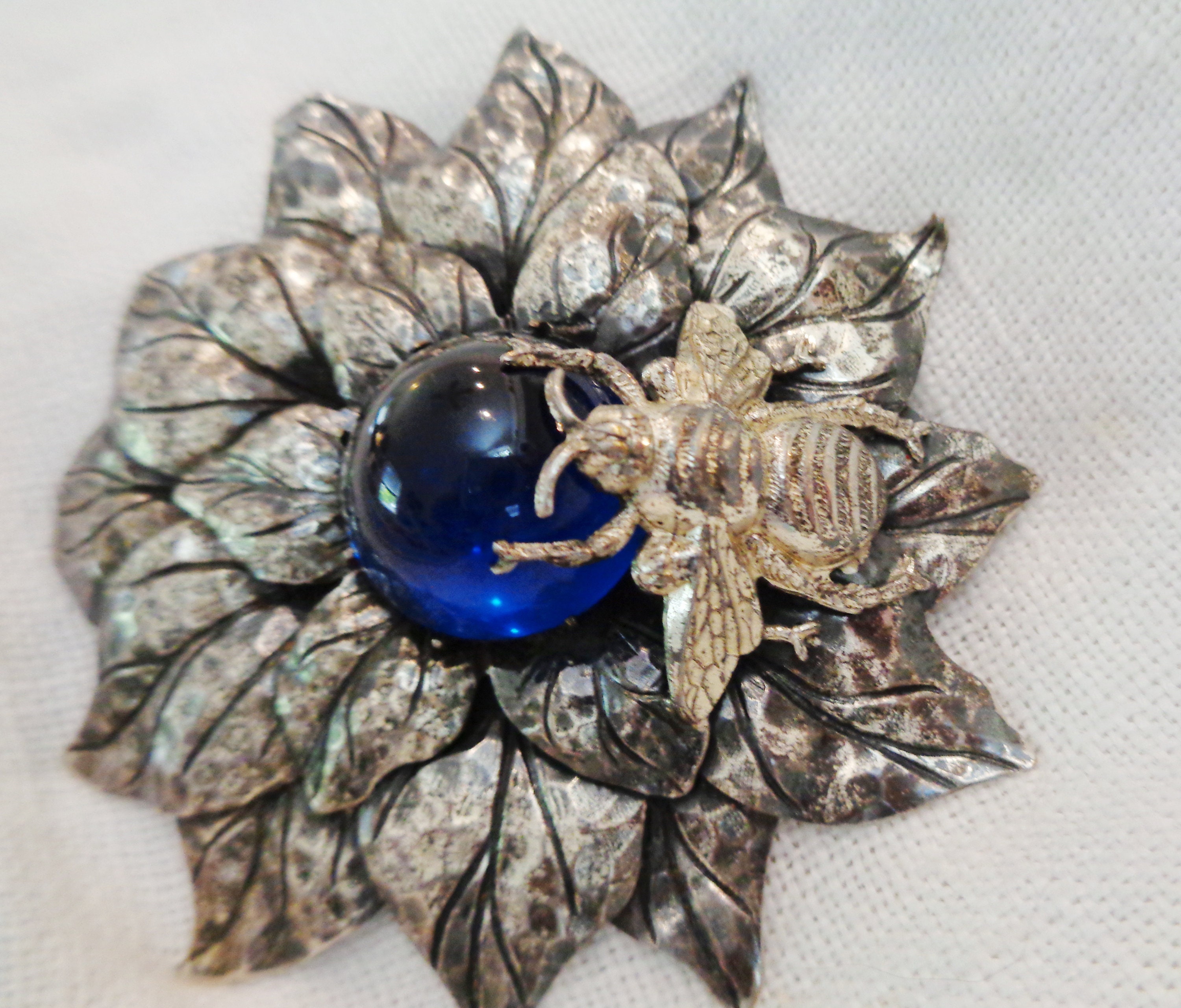 Vintage Signed Joseff of Hollywood Silver Plated Blue Glass Flower With ...