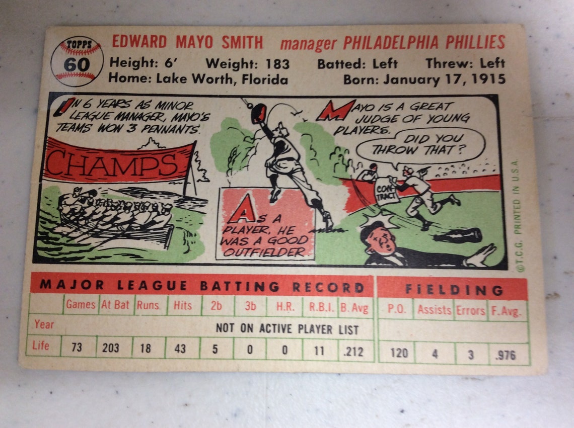 1956 Topps Edward mayo Smith Baseball Card Philadelphia - Etsy