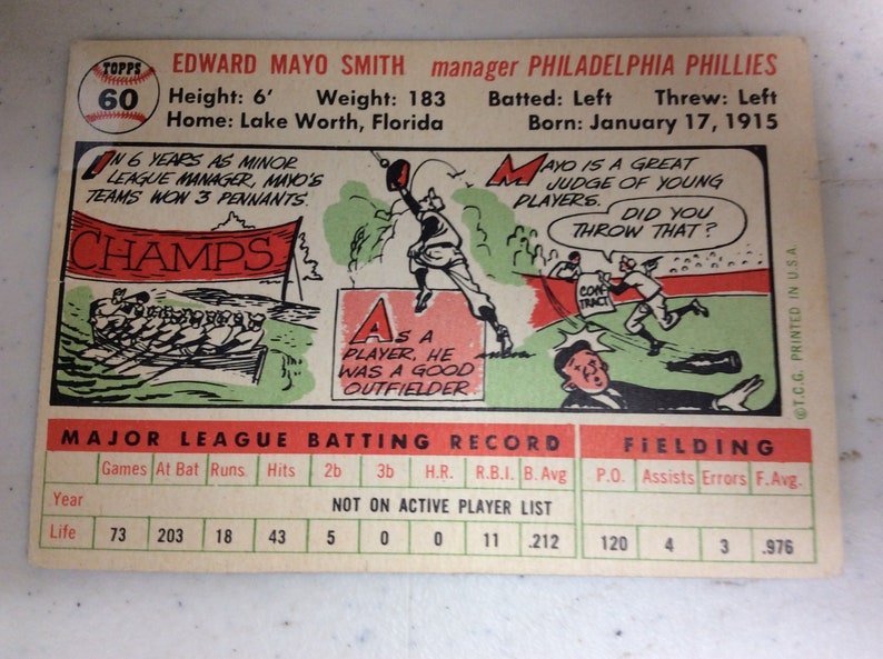 1956 Topps Edward mayo Smith Baseball Card Philadelphia - Etsy