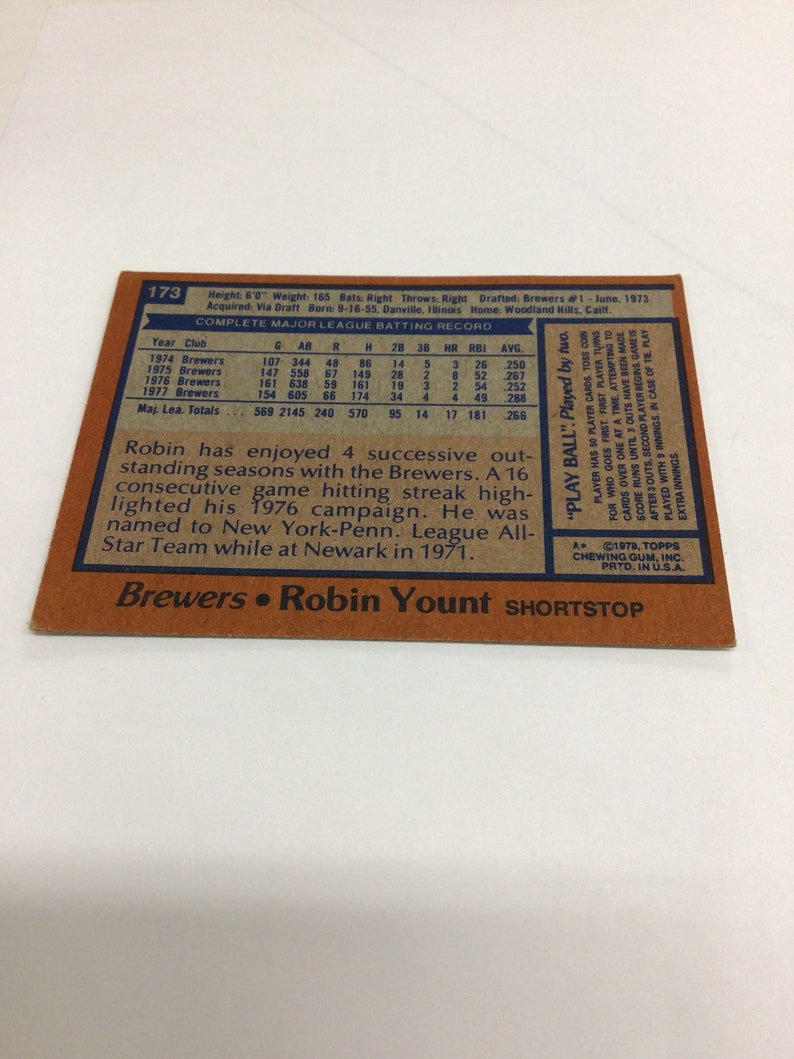 Original Vintage 1978 Topps Baseball Robin Yount, Card No. 173 UER ...