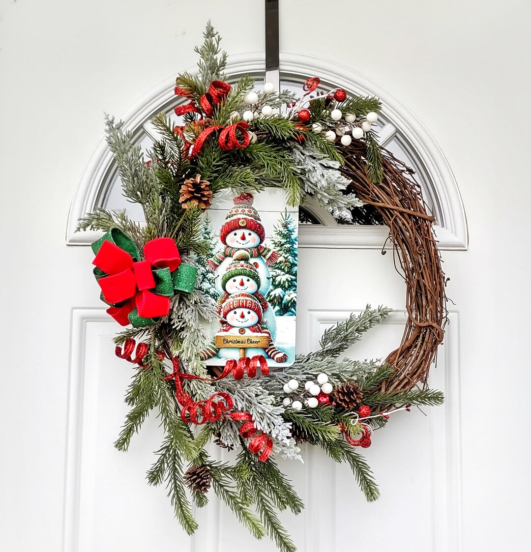 Snowman Wreath, Red and Green Christmas Holiday Decorations, Christmas ...