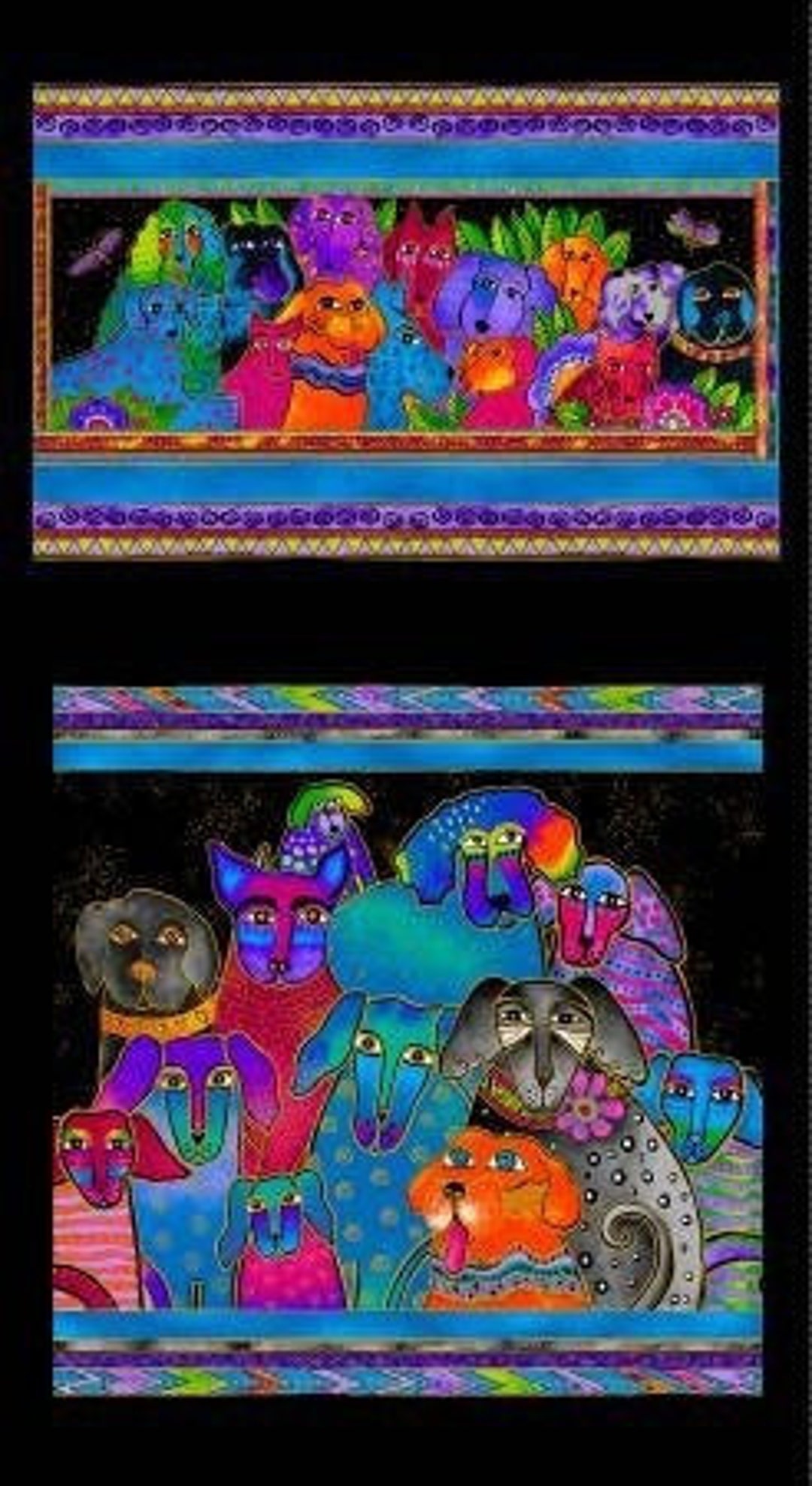 1 Panel 24 X 44 Laurel Burch Multi Color Metallic Kindred Canines Dog ...