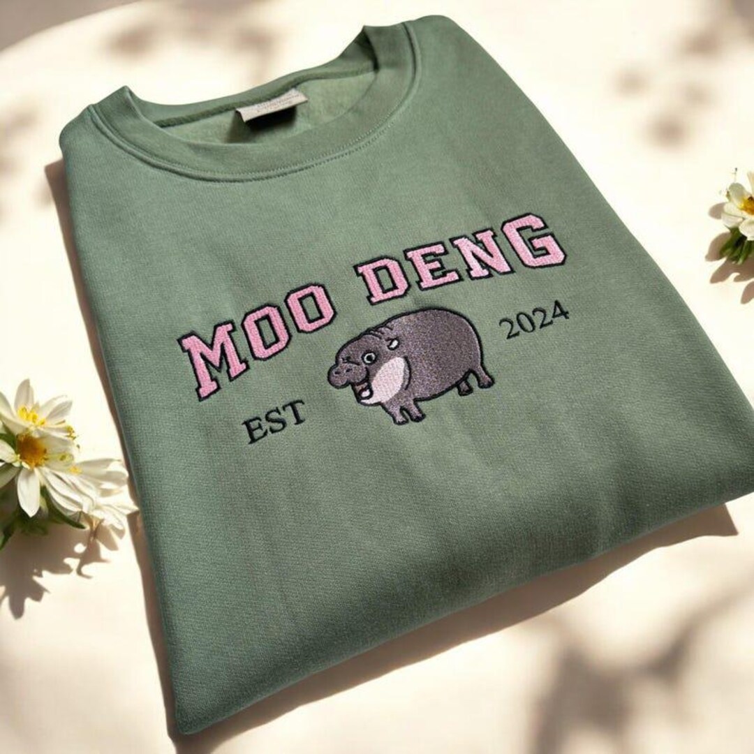 Embroidered Moo Deng Est 2024 Sweatshirt, Embroidered Baby Pygmy Hippo ...