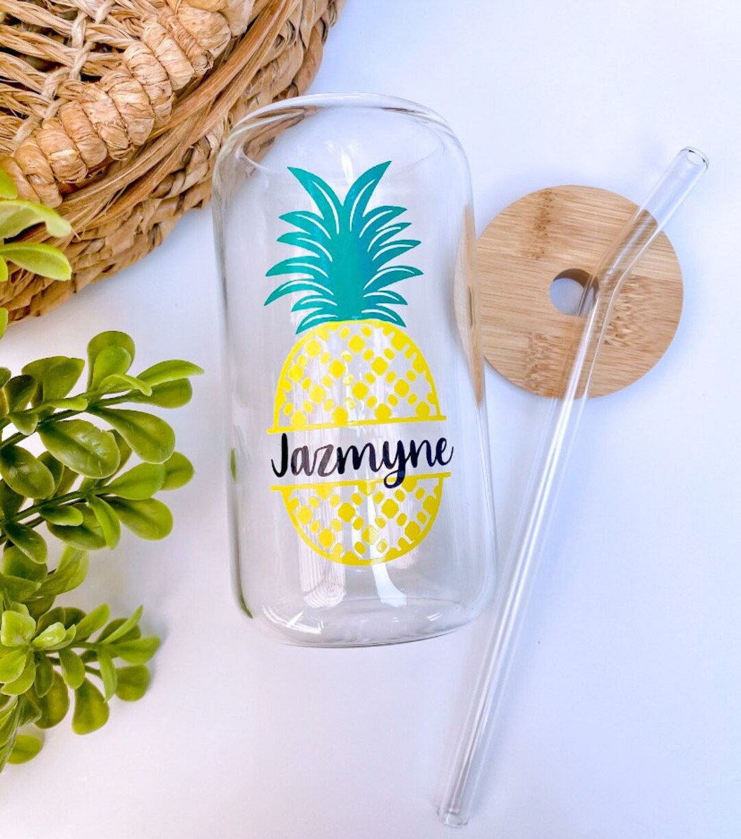 Personalized Pineapple Iced Coffee Glass, Glass Straw and Bamboo Lid ...