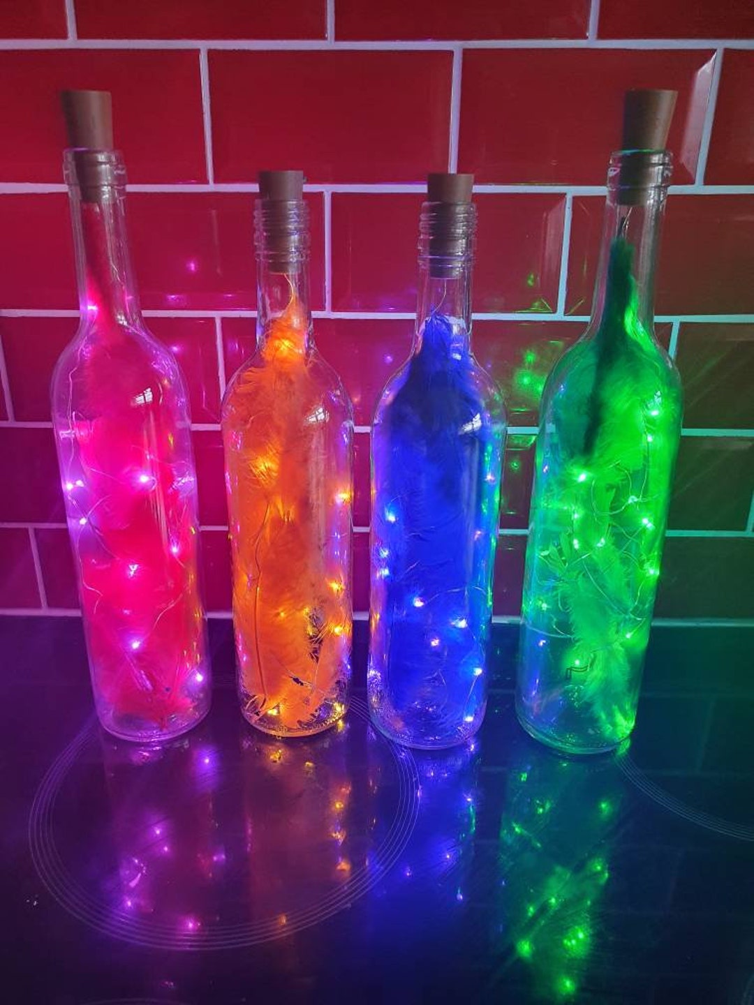 Light up Bottles With Feathers, Feather Bottle Light, Upcycled Bottle ...