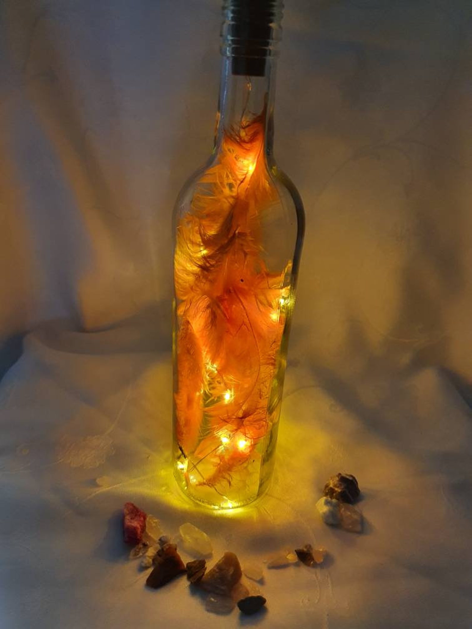 Light up Bottles With Feathers Feather Bottle Light Upcycled - Etsy UK