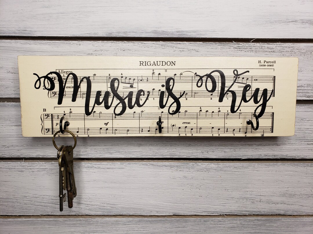 Music is Key Wood Key Holder Rack Choose 3, 4, 5 Hooks Vintage Sheet ...