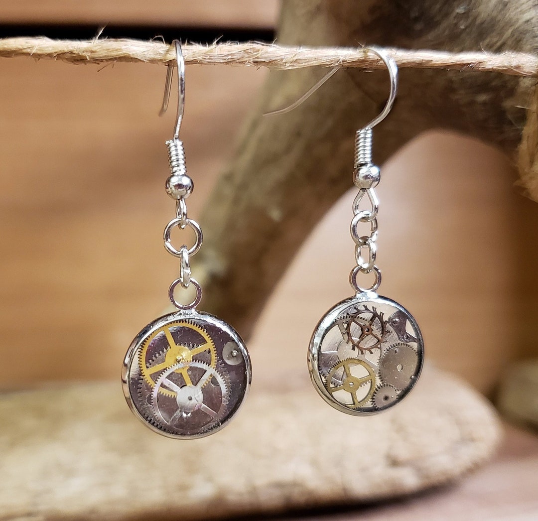 Dangle Earrings Steampunk W/ Genuine Watch Parts & Gears on Sterling ...
