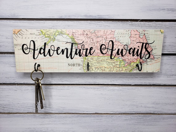Adventure Awaits Map Wood Key Holder Rack Choose 3 4 5 Hooks - Etsy