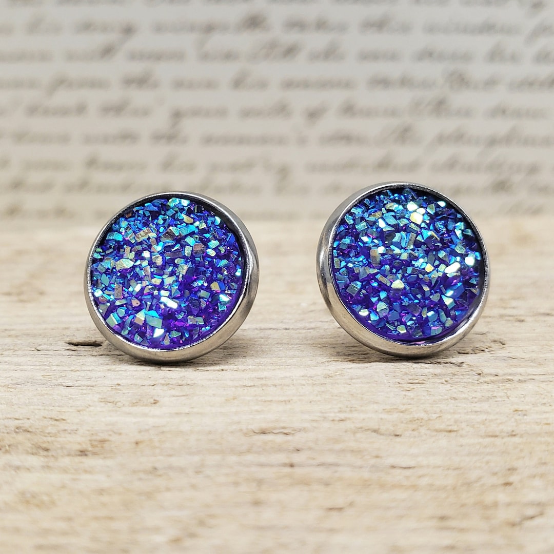 Boucles d'oreilles à tige violet scintillant, Imitation Druzy Geode ...