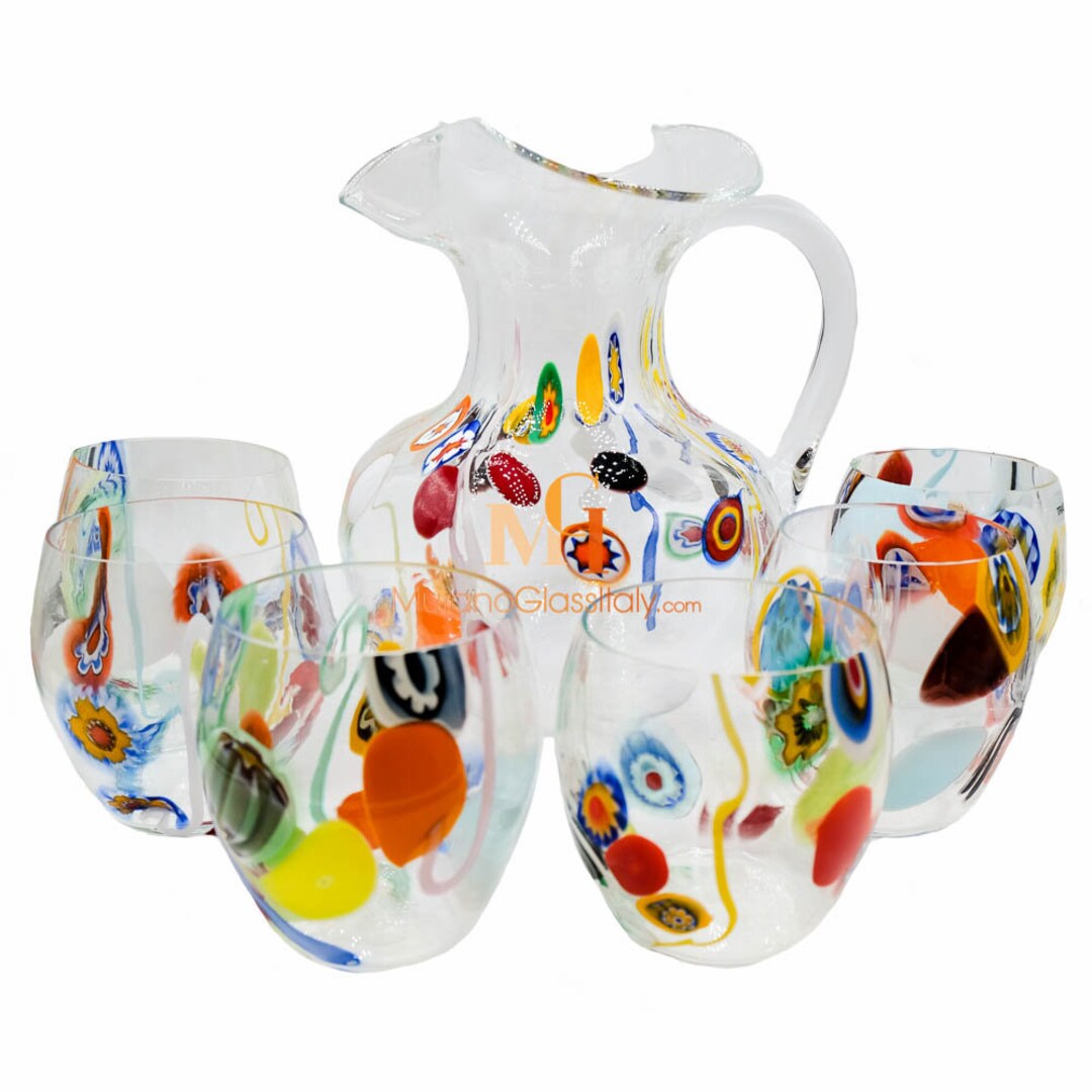 Multi Colorful Drinking Glasses - Set of 6 Glasses and Jug - Crystal ...