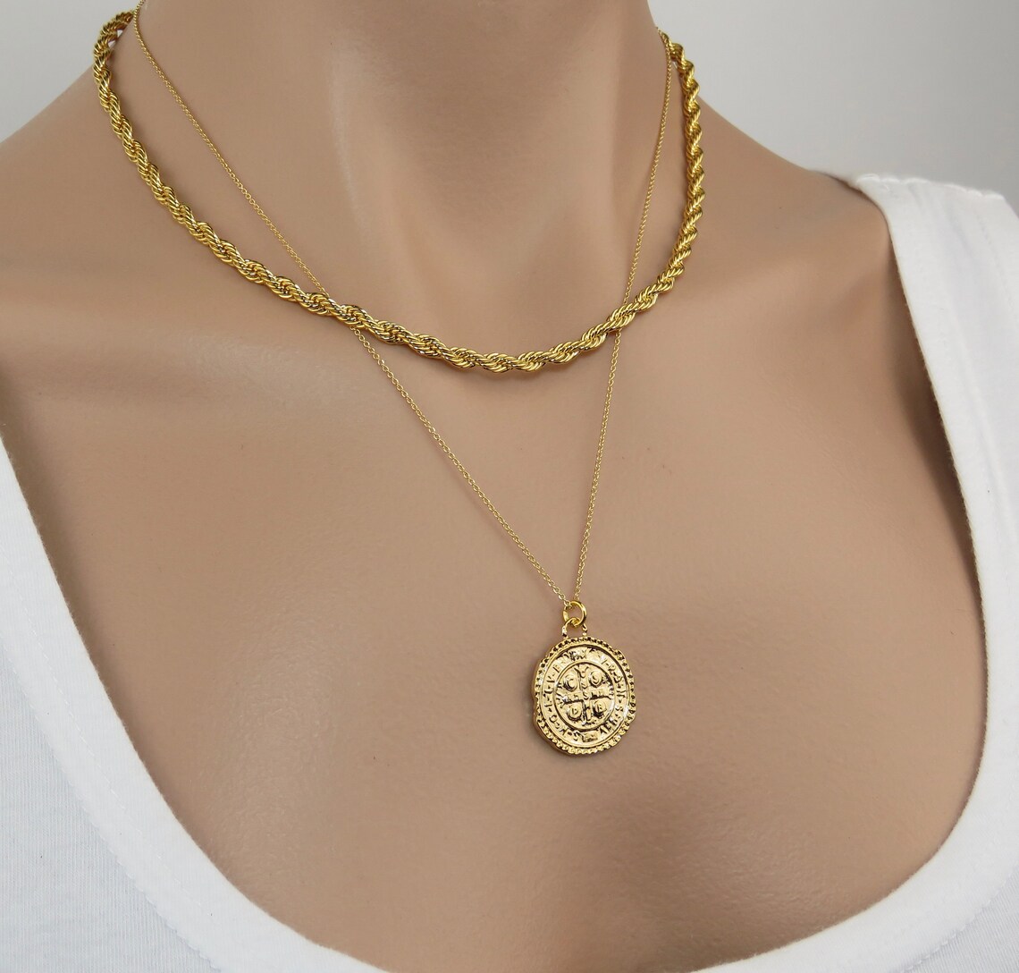 Gold Thick Rope Chain / Greek Coin 2 Necklace Set / Greek Cross ...