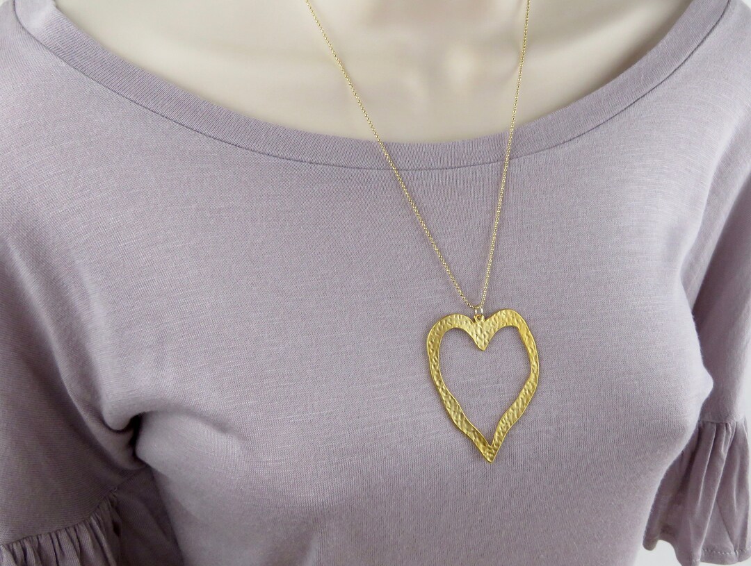 Large Gold Heart Necklace / Heart Layering Necklace /hammered Gold ...