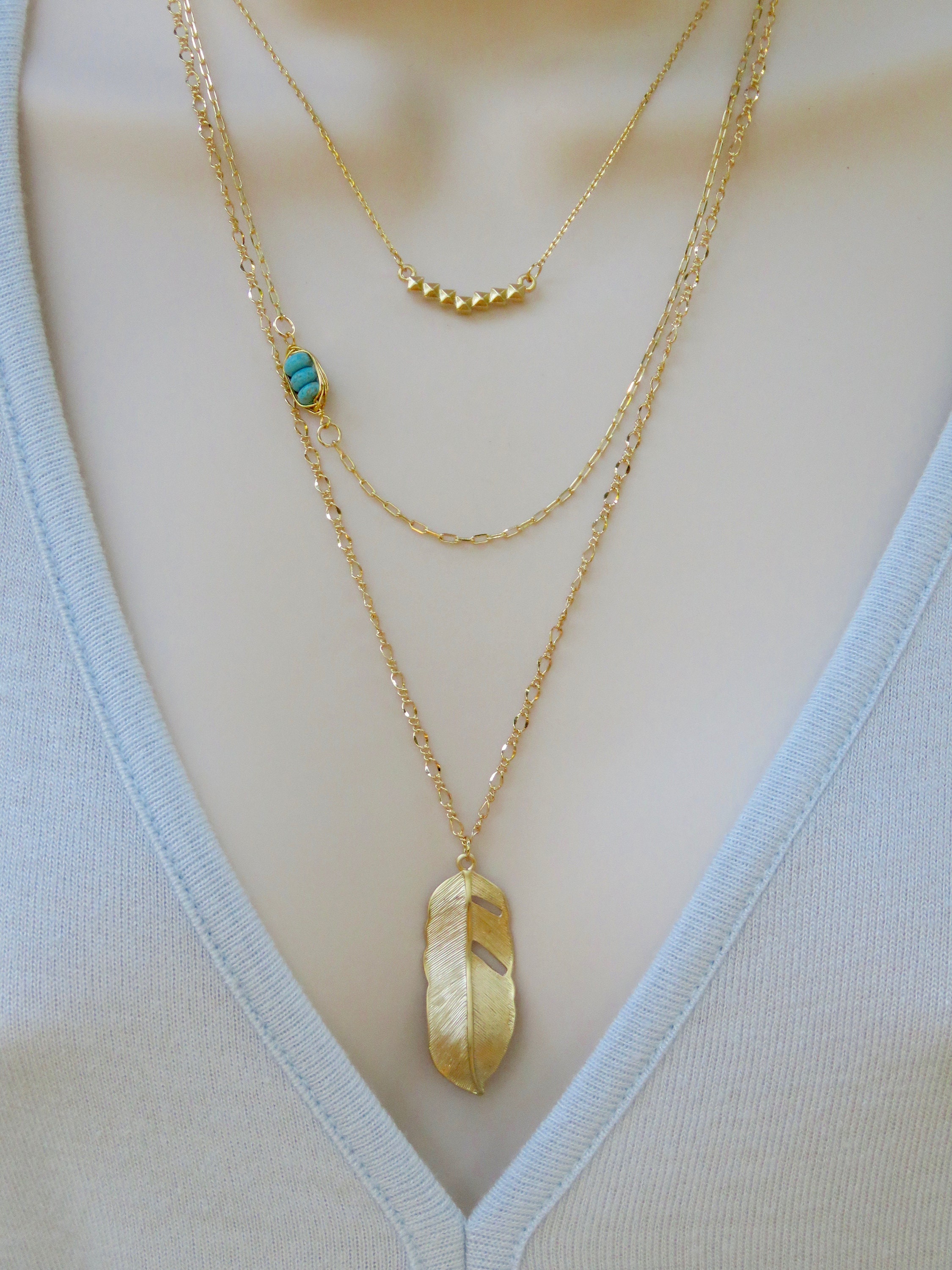 Gold Feather Turquoise Layered Necklace Set, 14k Gold Filled Pendants ...